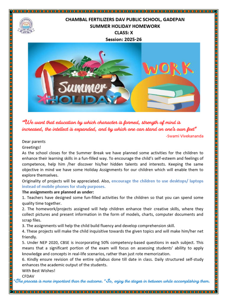 Class X Summer Holiday Homework 2025-26 | PDF | Poetry | Homework