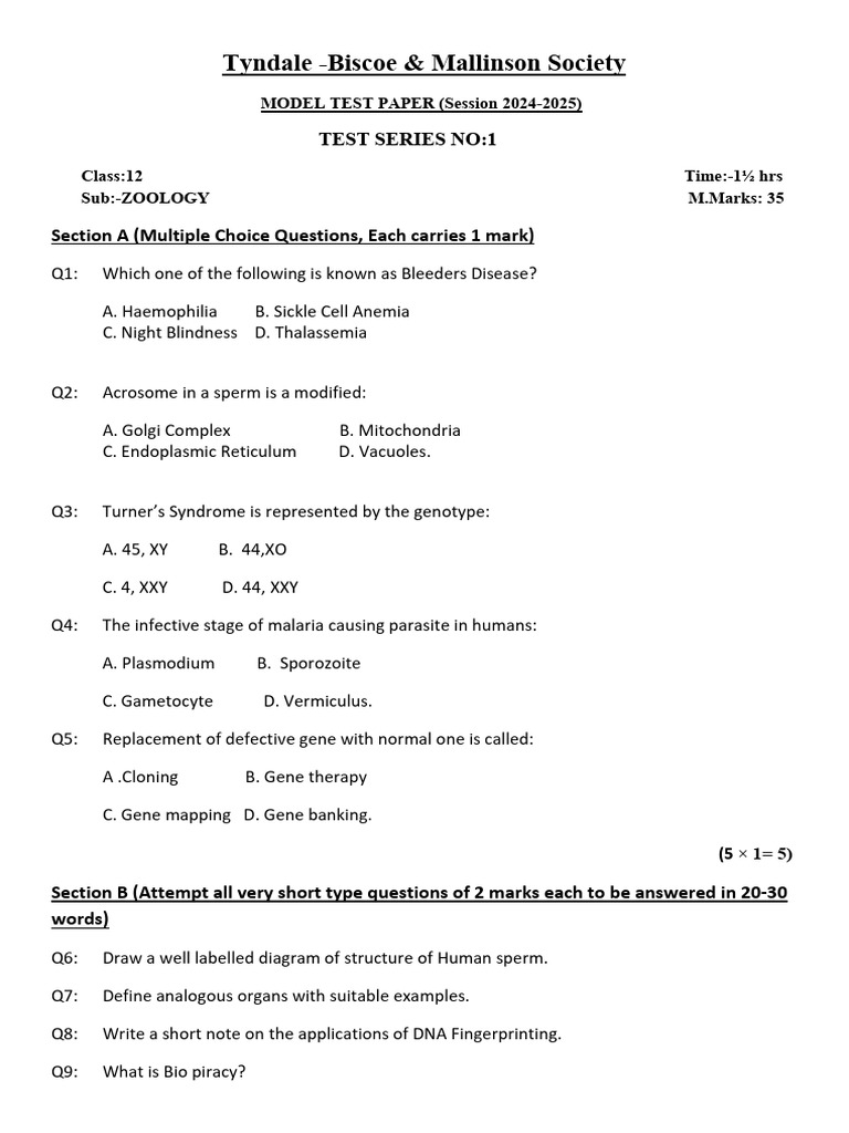 MTP Zoology Class 12 (TS-1) | PDF | Genetics | Biology