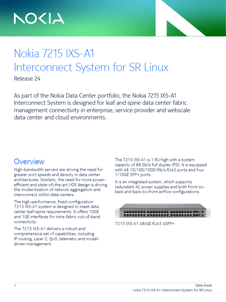 Nokia 7215 IXS A1 Interconnect System For SR Linux Data Sheet EN | PDF | Router (Computing ...