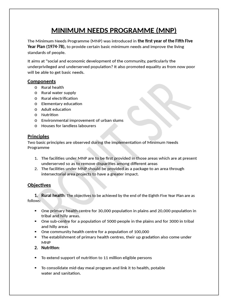 Minimum Needs MNP Programme | PDF
