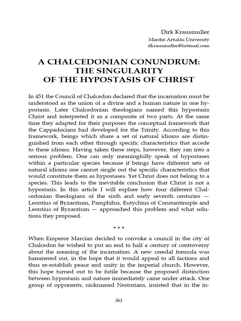 A Chalcedonian Conundrum The Singularity of The Hypostasis of Christ | PDF | Council Of ...