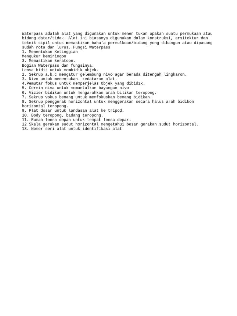 Fungsi dan Komponen Waterpass dalam Konstruksi | PDF