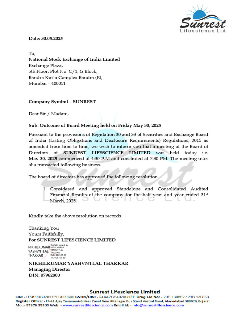 Sunrestlifescience 30052025194357 Outcome of Board Meeting Sunrest SD ...