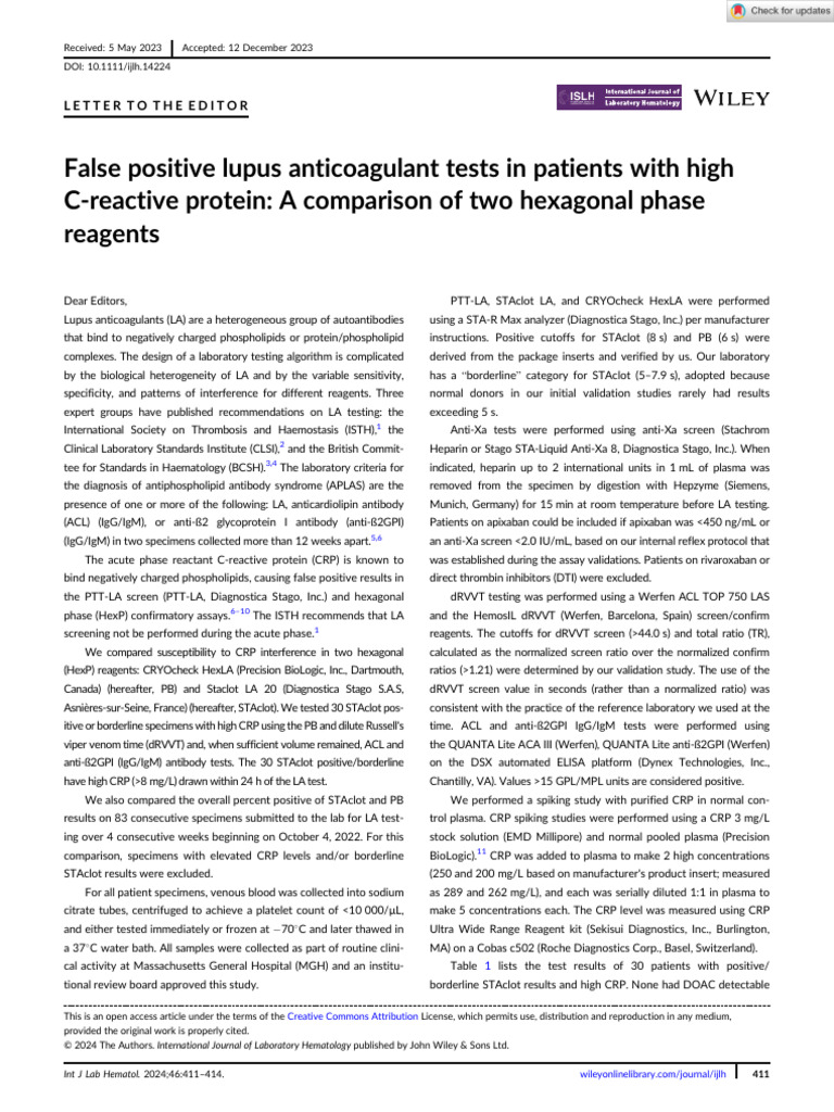 False Positive Lupus Anticoagulant Tests in Patients With High C ...
