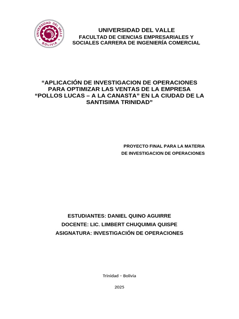 Universidad Del Valle Proyecto Terminado | PDF | Programación lineal | Optimización Matemática