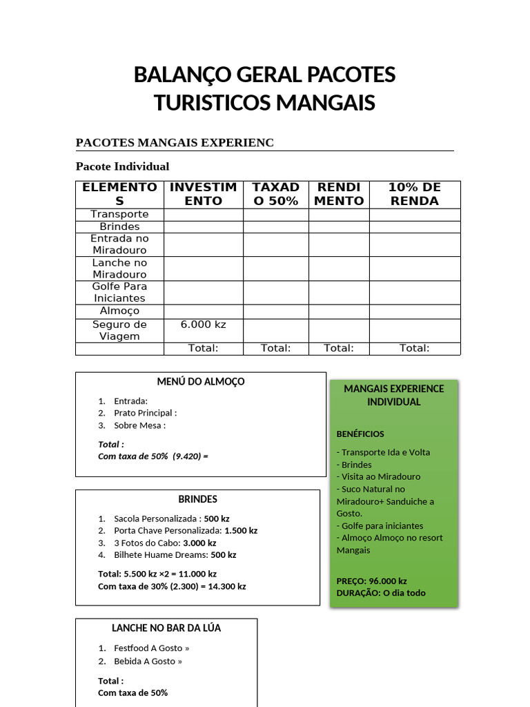 BALANÇO GERAL PACOTES TURISTICOS MANGAIS | PDF
