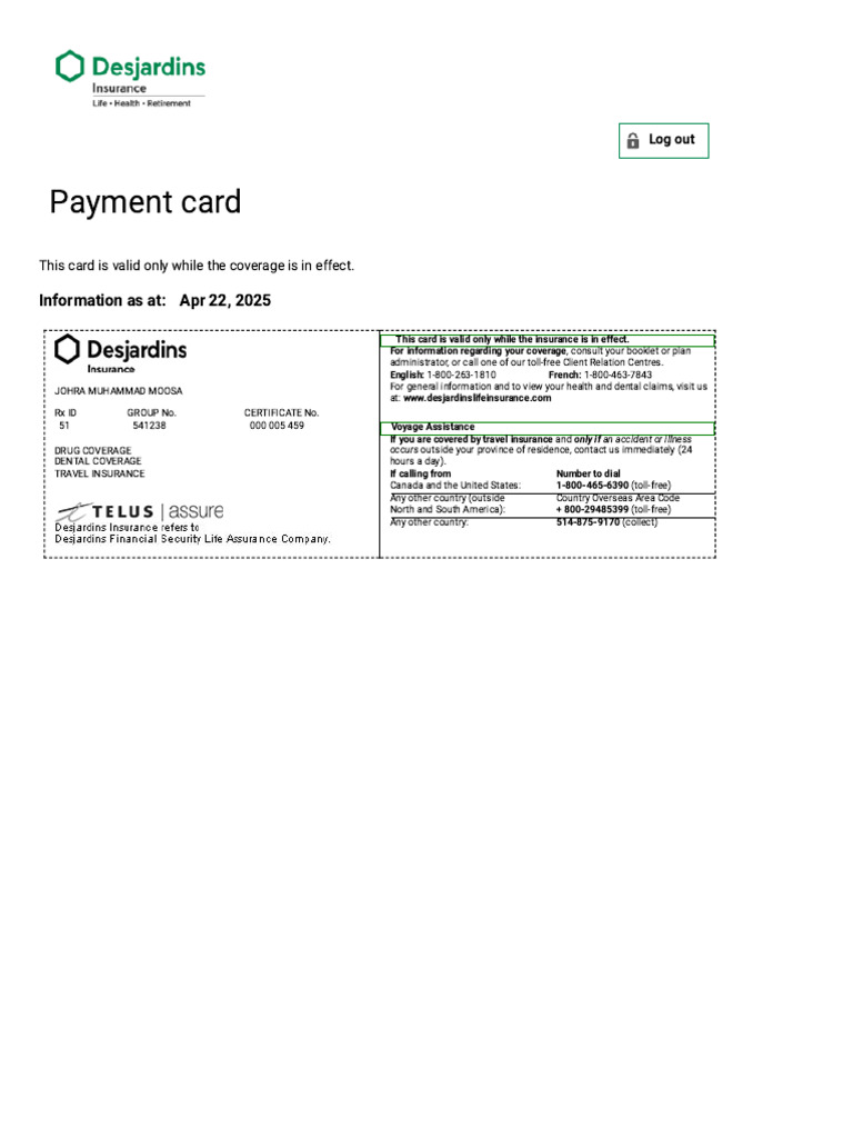 Group Insurance - Desjardins Insurance - Payment Card | PDF
