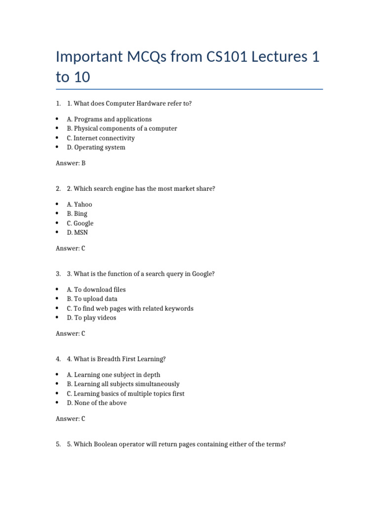 CS101 Lec1 To 10 Important MCQs | PDF