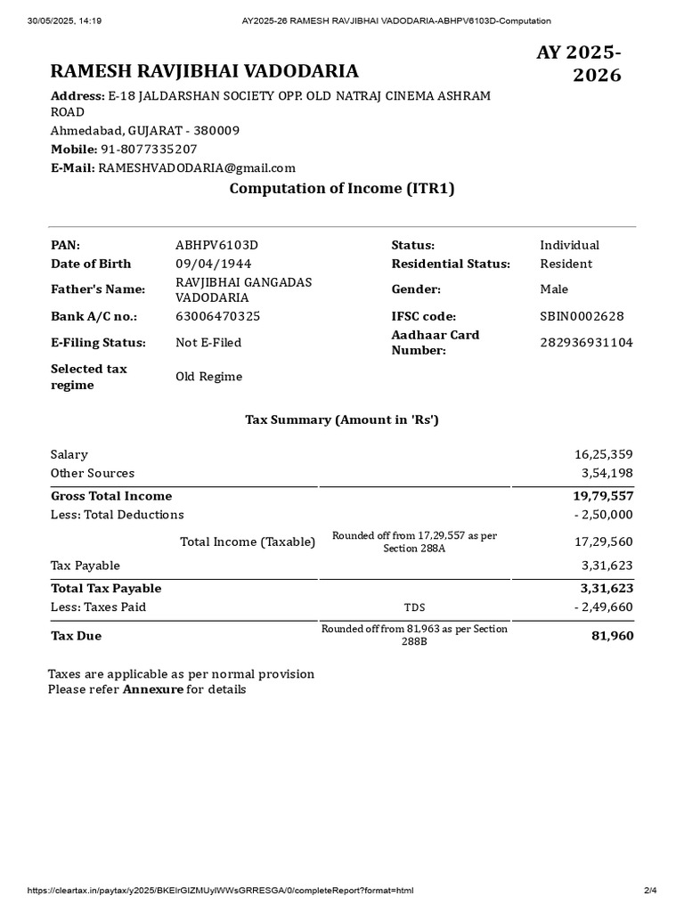 Ay2025-26 Ramesh Old Regime | PDF | Taxes | Tax Deduction