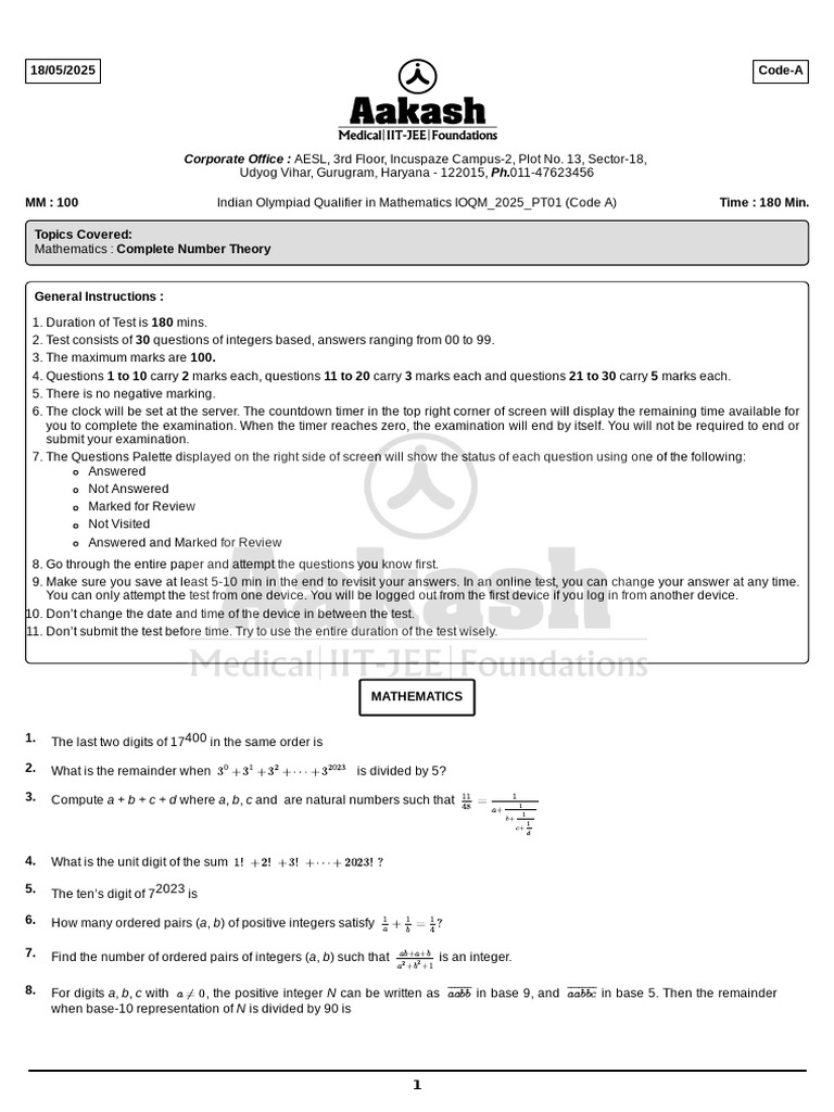 Ioqm Question Paper | PDF | Numbers | Integer