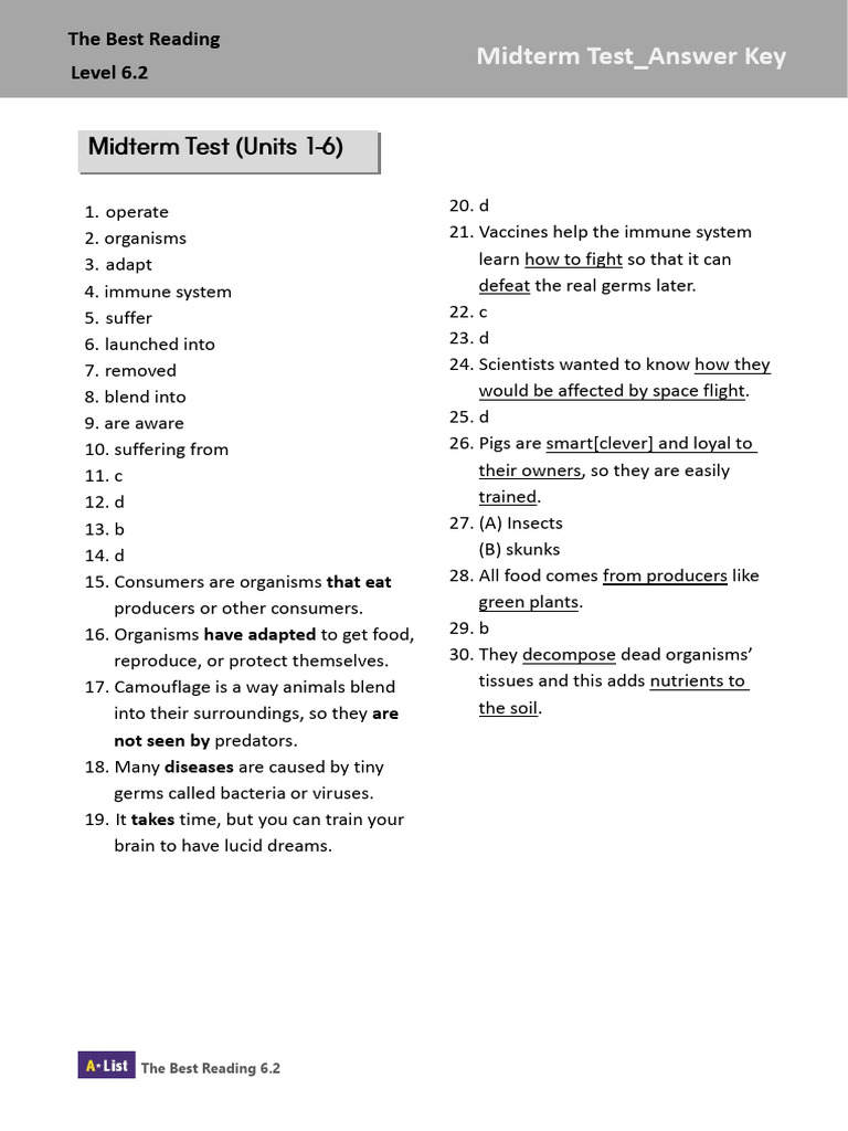 Midterm Test Answer Key 6.2 | PDF