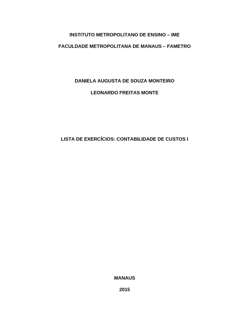 Lista de Exercícios Contabilidade de Custos I | PDF | Custo | Contabilidade