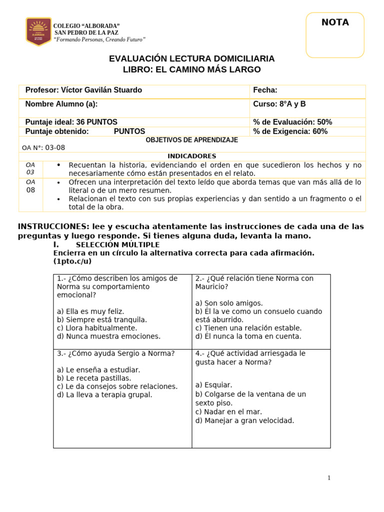 Evaluación de Lectura: "El Camino Más Largo" | PDF