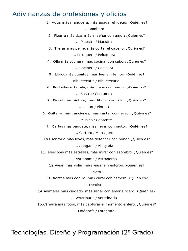 Adivinanzas de Profesiones y Oficios | PDF | Herramientas