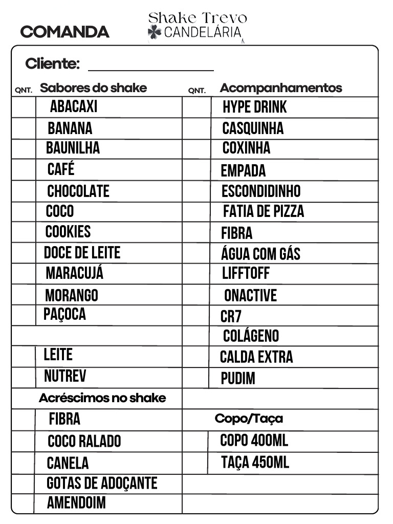 Cartela de Produtos para Pedidos de Shake | PDF