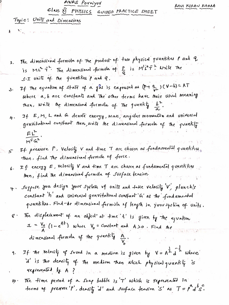 Class XI Work Sheet 1 Units& Dimensions | PDF