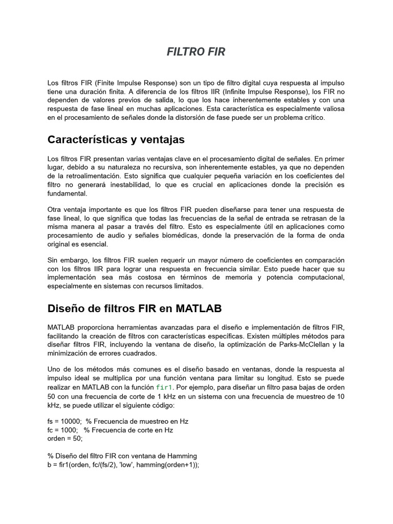 Filtros FIR: Diseño y Aplicaciones en MATLAB | PDF | Filtro electronico ...