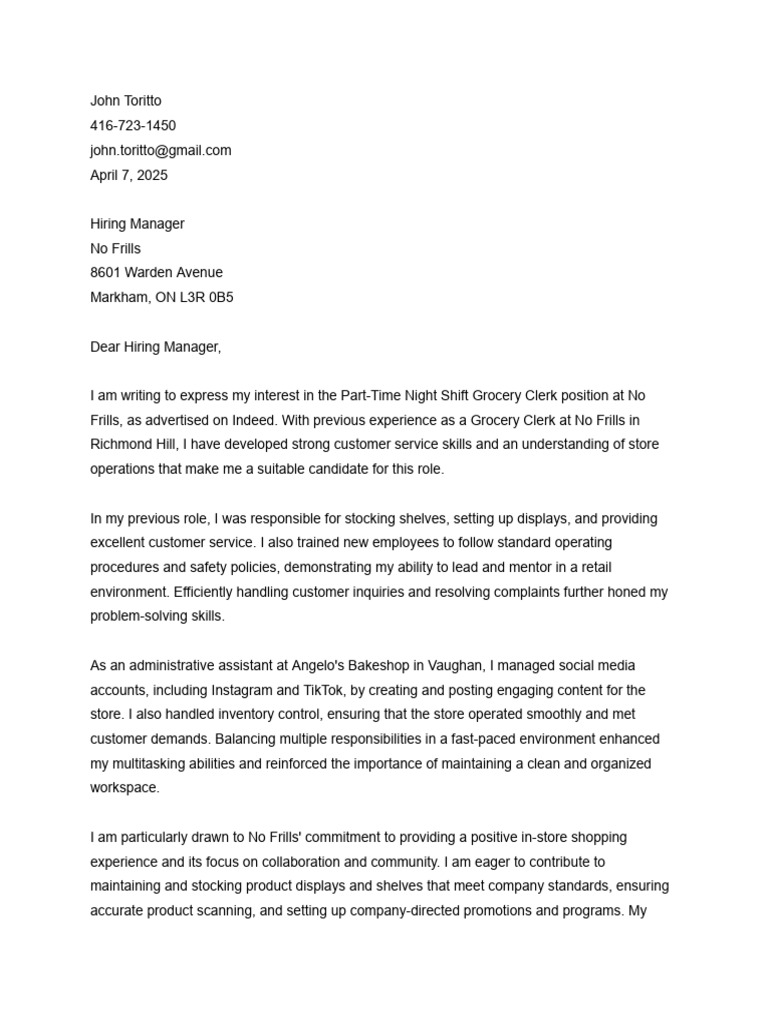 Grocery Clerk (Night Time) Cover Letter | PDF