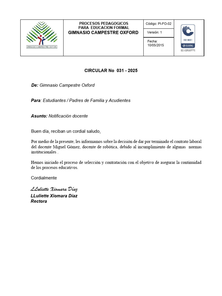 1475 1747679877 Circular No 31 2025 Notificacion Docente | PDF