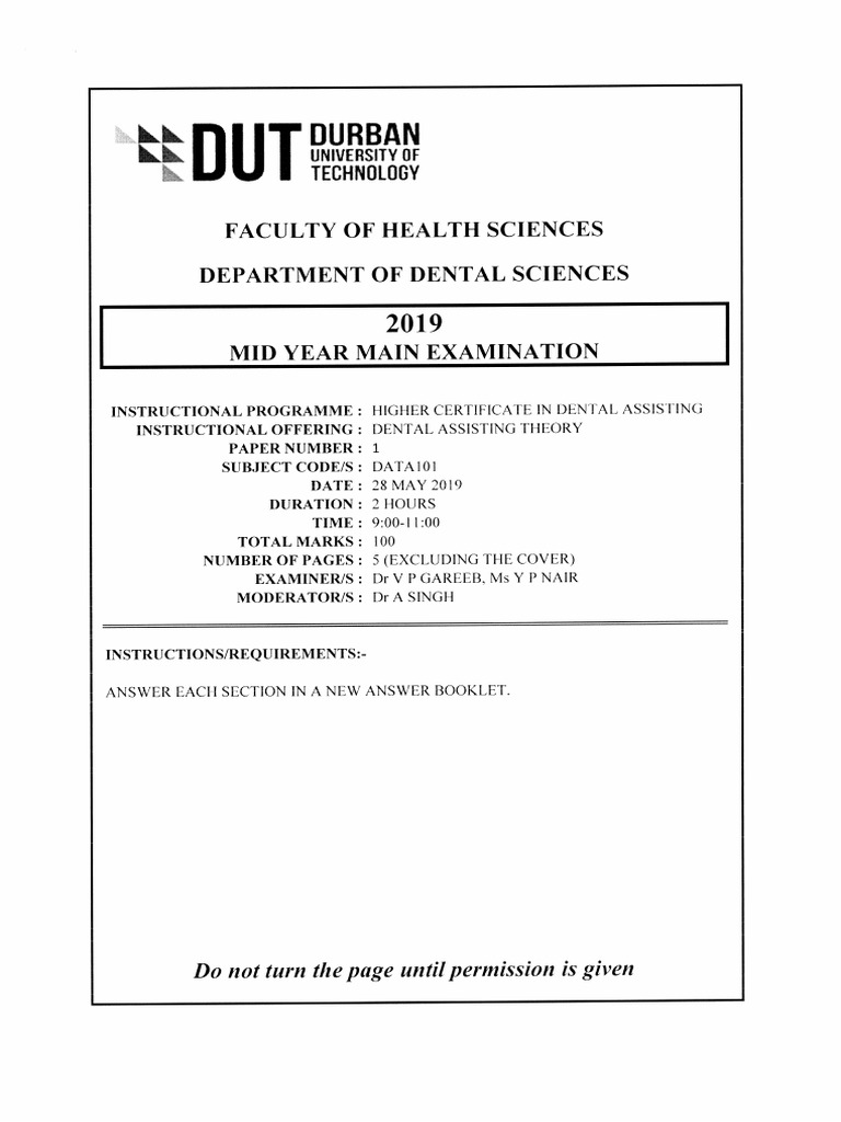 2019 Mid Year Main QP Dental Assisting Theory Data101 | PDF