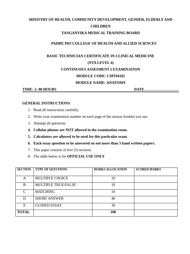 Cmt4 Sem1 Cat1 Anatomy Pcohas 2018 | PDF | Anatomy | Skeletal System