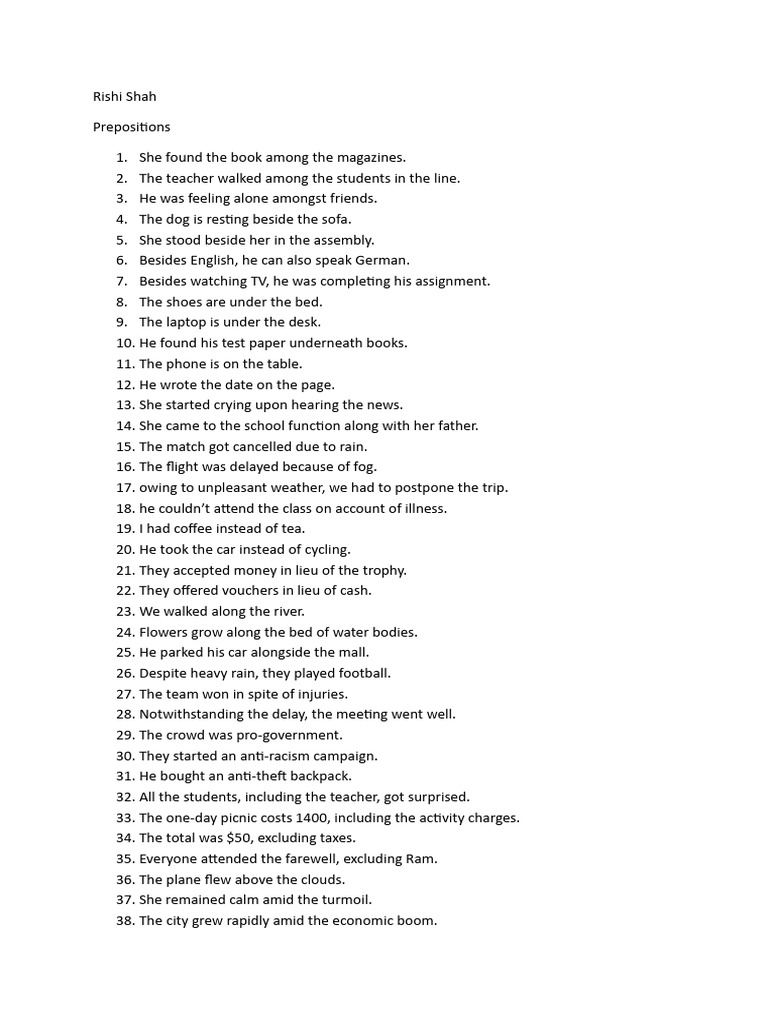Rishi Shah HW Prepositions | PDF