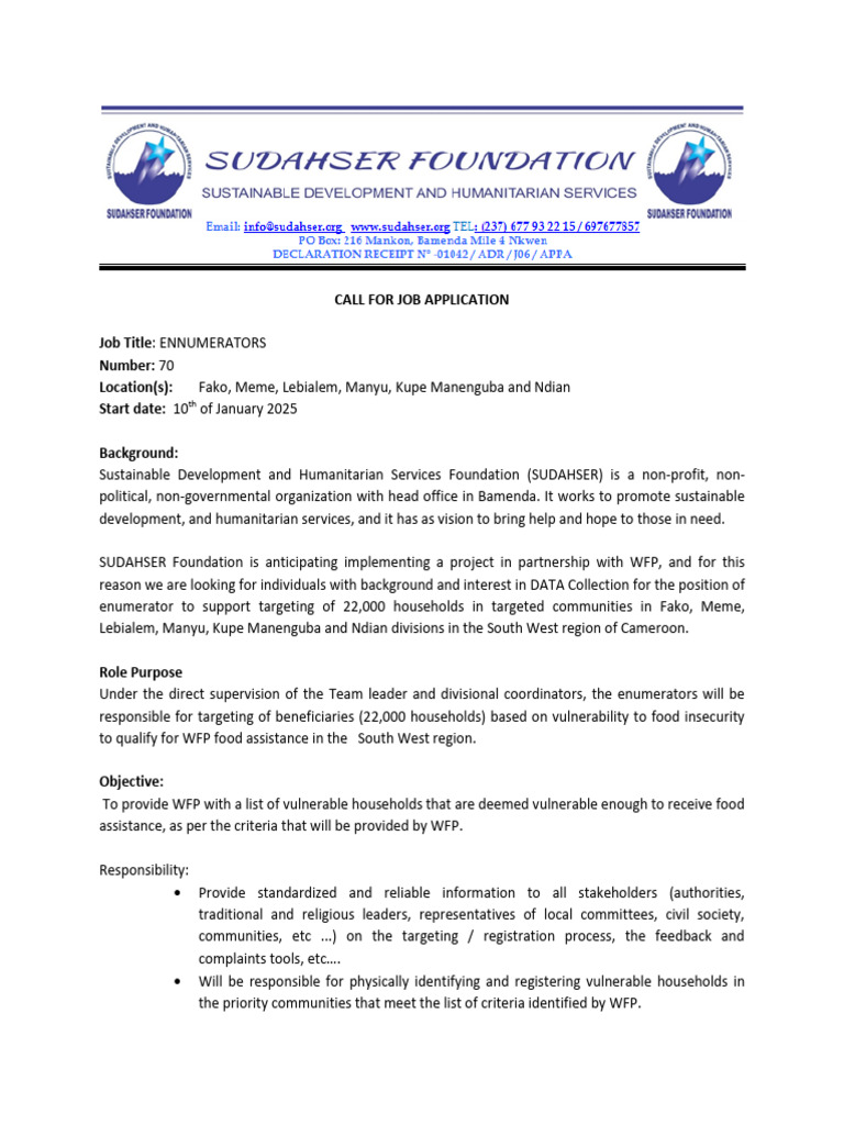 Call For Job Application SW | PDF | World Food Programme | Databases