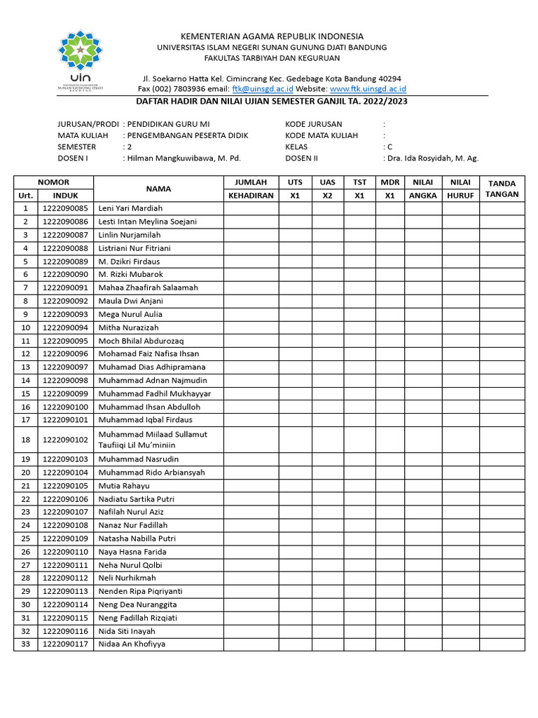 Daftar Hadir Dan Nilai PPD SMT 2 | PDF