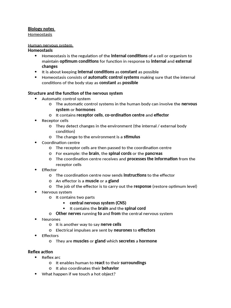 Biology Notes - Homeostasis | PDF | Nervous System | Eye