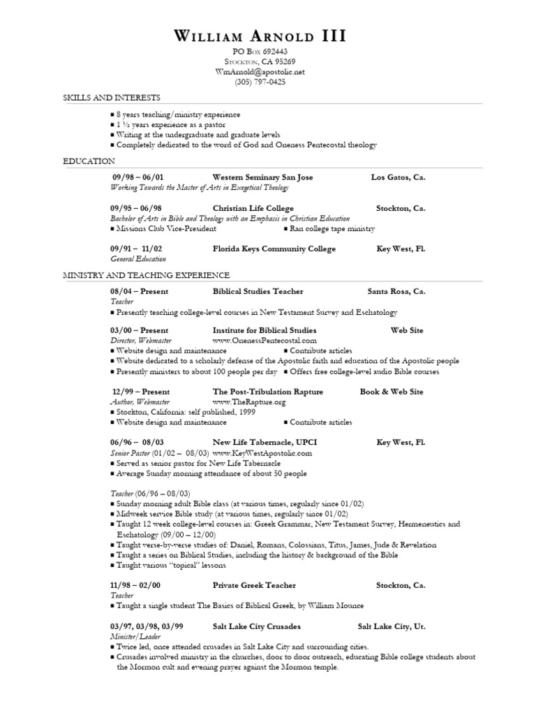 William Arnold Ministry Resume | PDF | Bible | New Testament