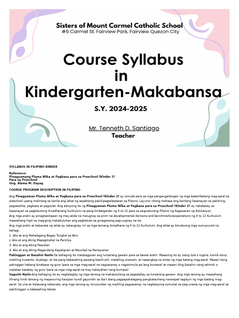 Syllabus Kinder Makabansa 1st Sem 24-25 | PDF