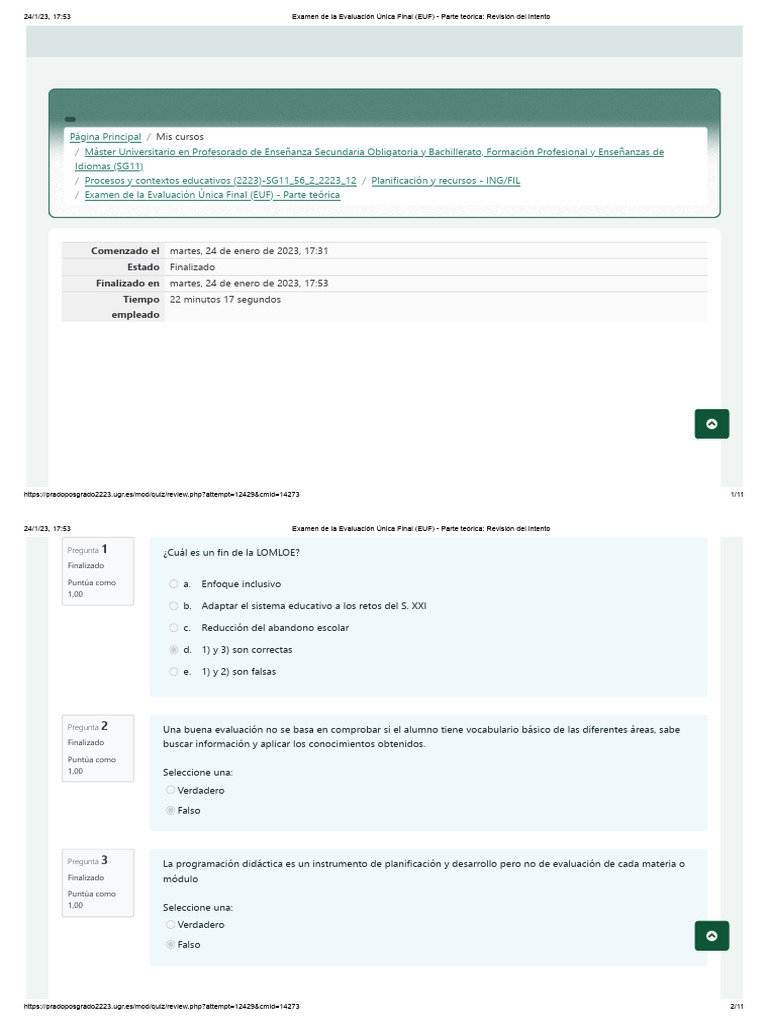 EXAMEN SIN CORREGIR Examen de La Evaluación Única Final (EUF) - Parte Teórica - Revisión Del ...