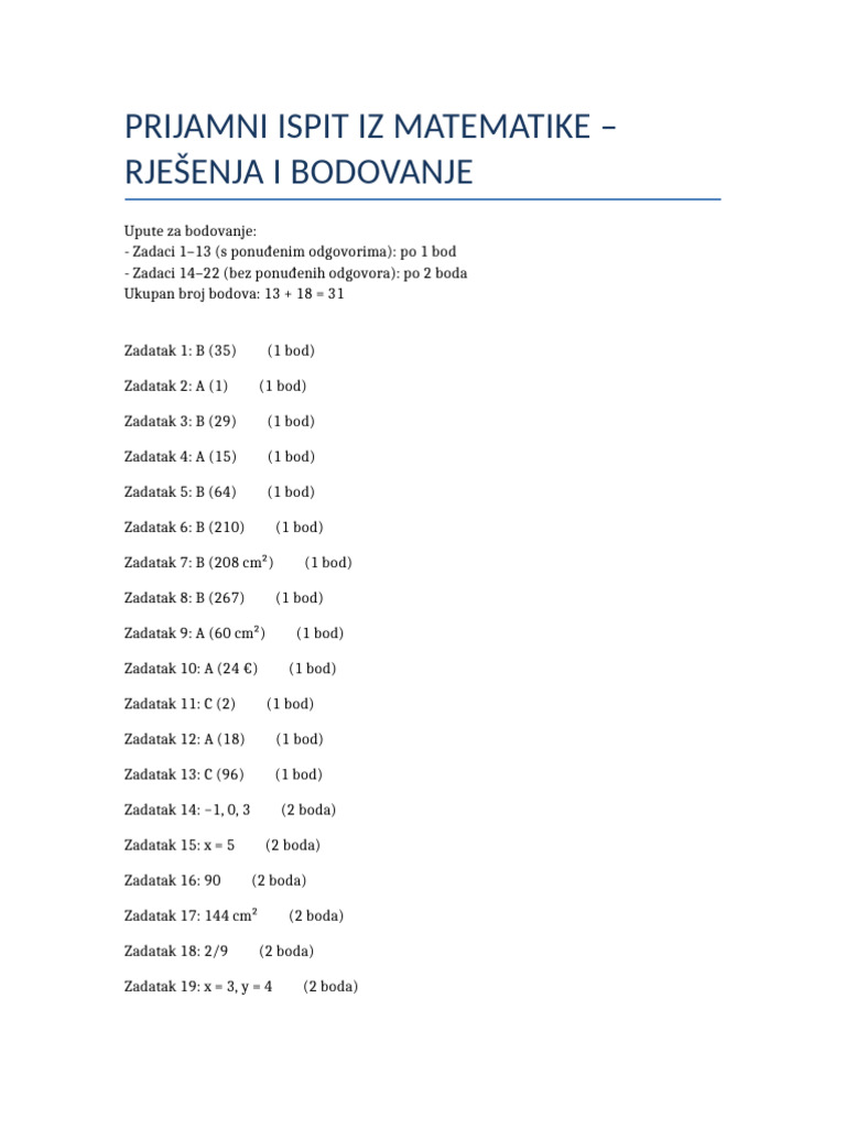 Prijamni Ispit Matematika 8r RJESENJA | PDF