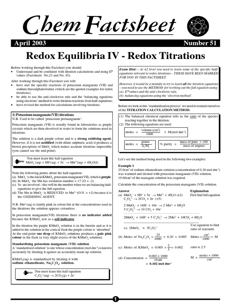 51 Redox Equilibria IV Redox Titrations | PDF | Titration | Chemistry