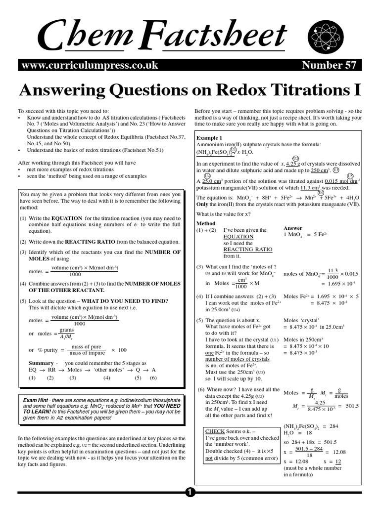 57 Answering Questions Redox Titrations I | PDF | Titration | Chemistry