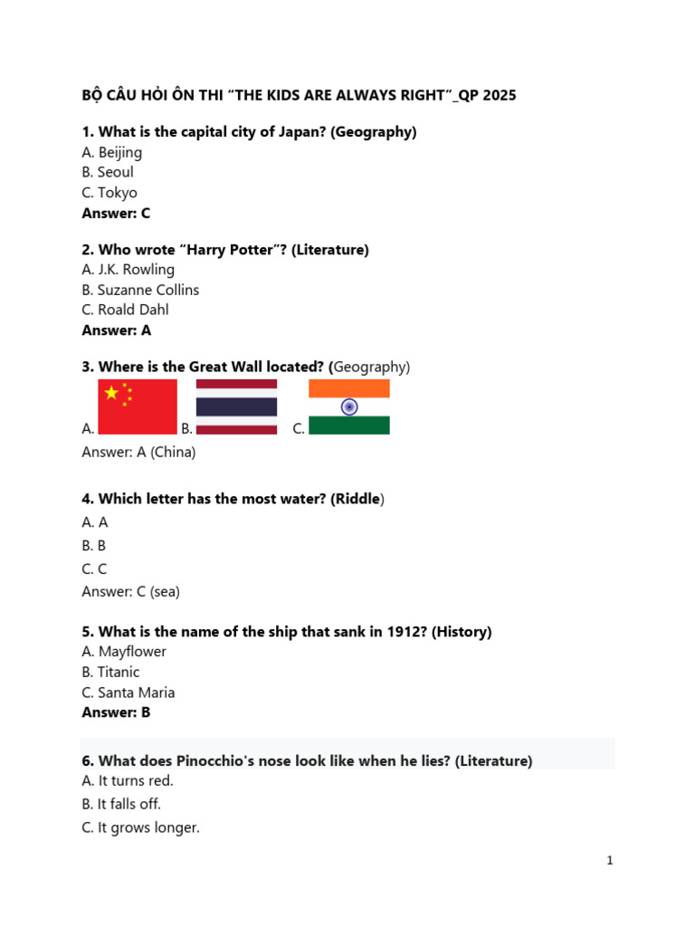 Tổng Hợp Bộ Câu Hỏi Ôn Thi The Kids Are Always Right - QP 2025 | PDF | Vietnam