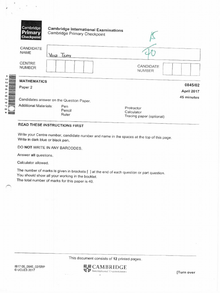 P6 Maths - Cambridge Paper 2 2017 April | PDF
