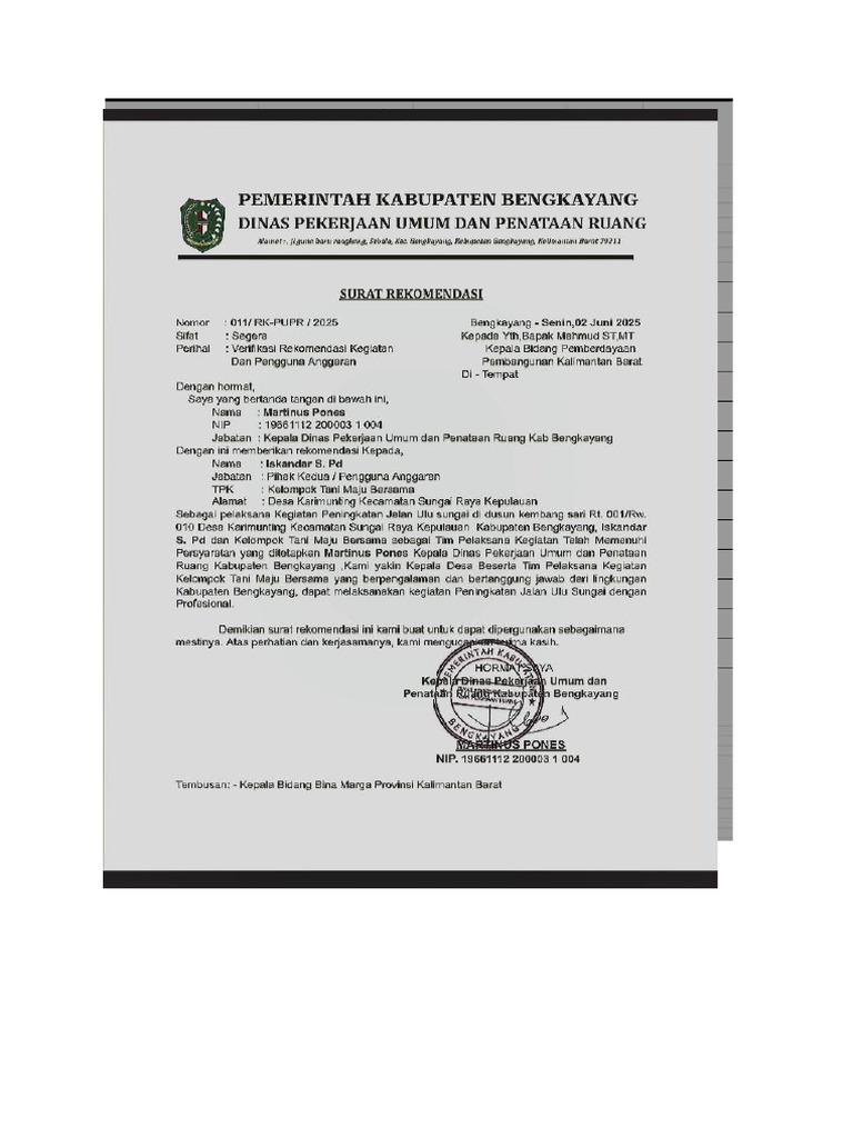 Surat Rekomendasi Pupr Kabupaten Bengkayang 2025-1 | PDF