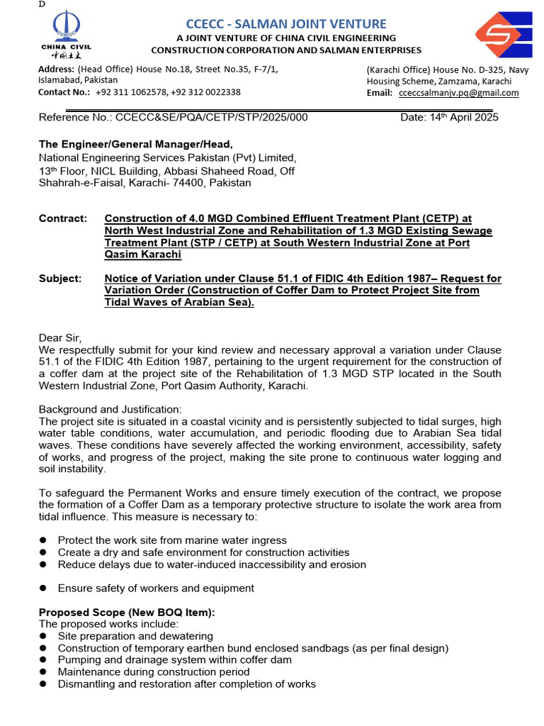 Coffer Dam Variation Request for CETP Project | PDF | Earth Sciences ...