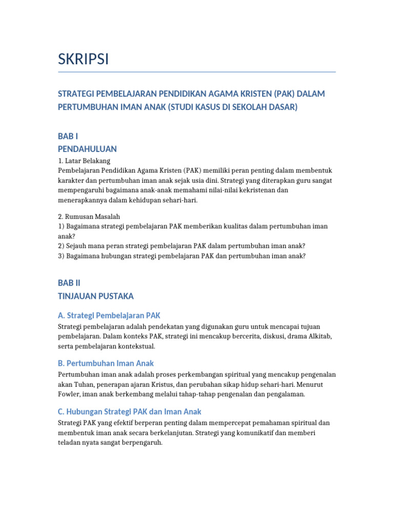 Skripsi Strategi Pembelajaran PAK Dan Pertumbuhan Iman Anak | PDF