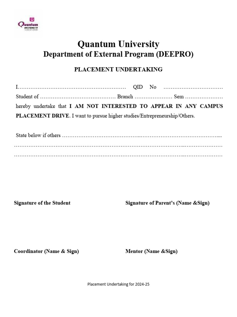 Placement Undertaking Form 2024-25 | PDF