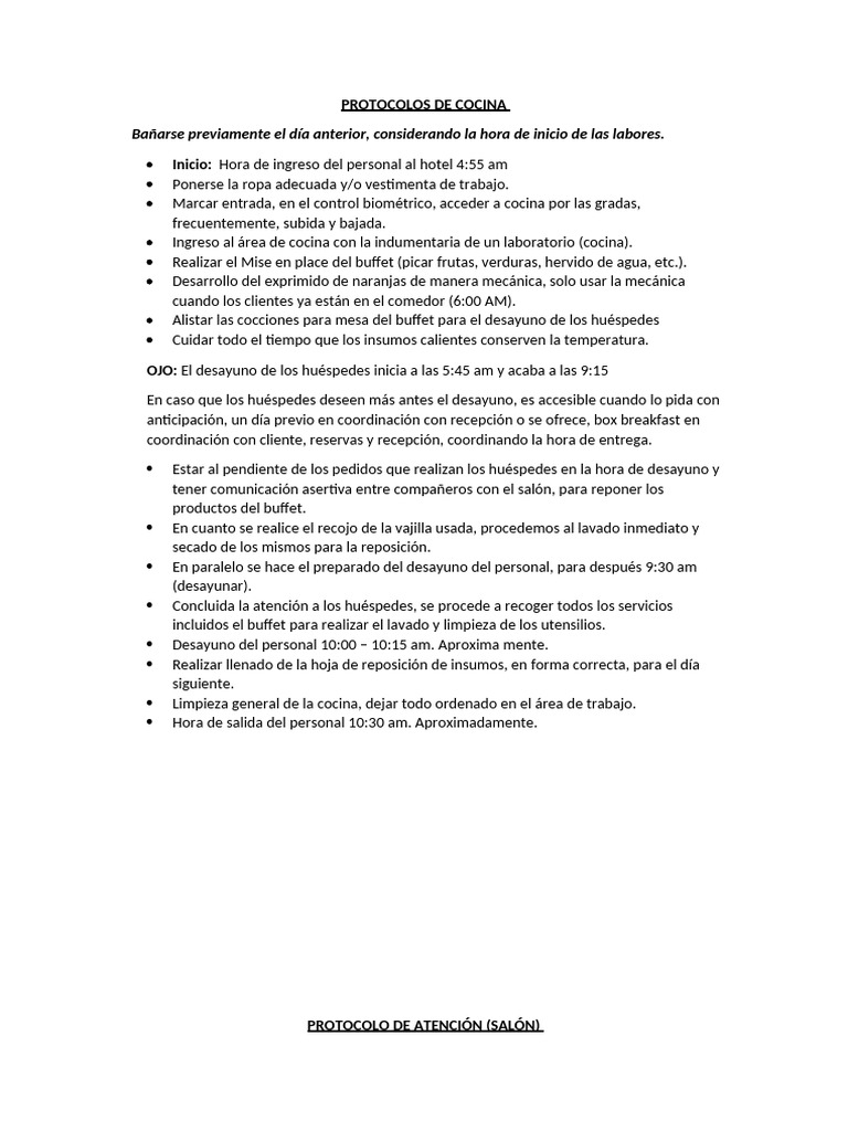 Protocolos de Cocina y Desayuno | PDF | Cocina | Alimentos