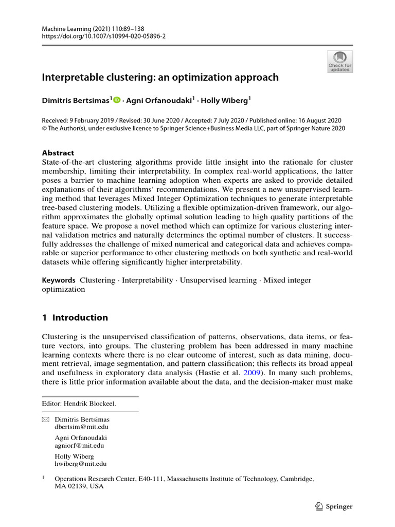 Interpretable Clustering: An Optimization Approach: Dimitris Bertsimas Agni Orfanoudaki Holly ...