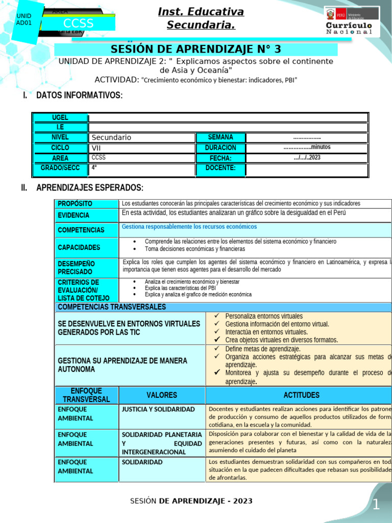 Sesion CCSS 4° Sec-Semana 03 Uni 2 | PDF | Producto Interno Bruto | Aprendizaje