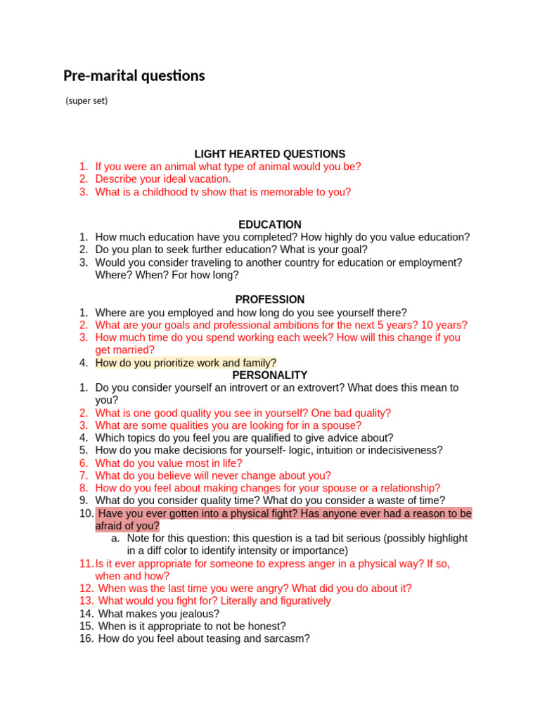 Essential Pre-Marital Questions Guide | PDF | Family | Parenting