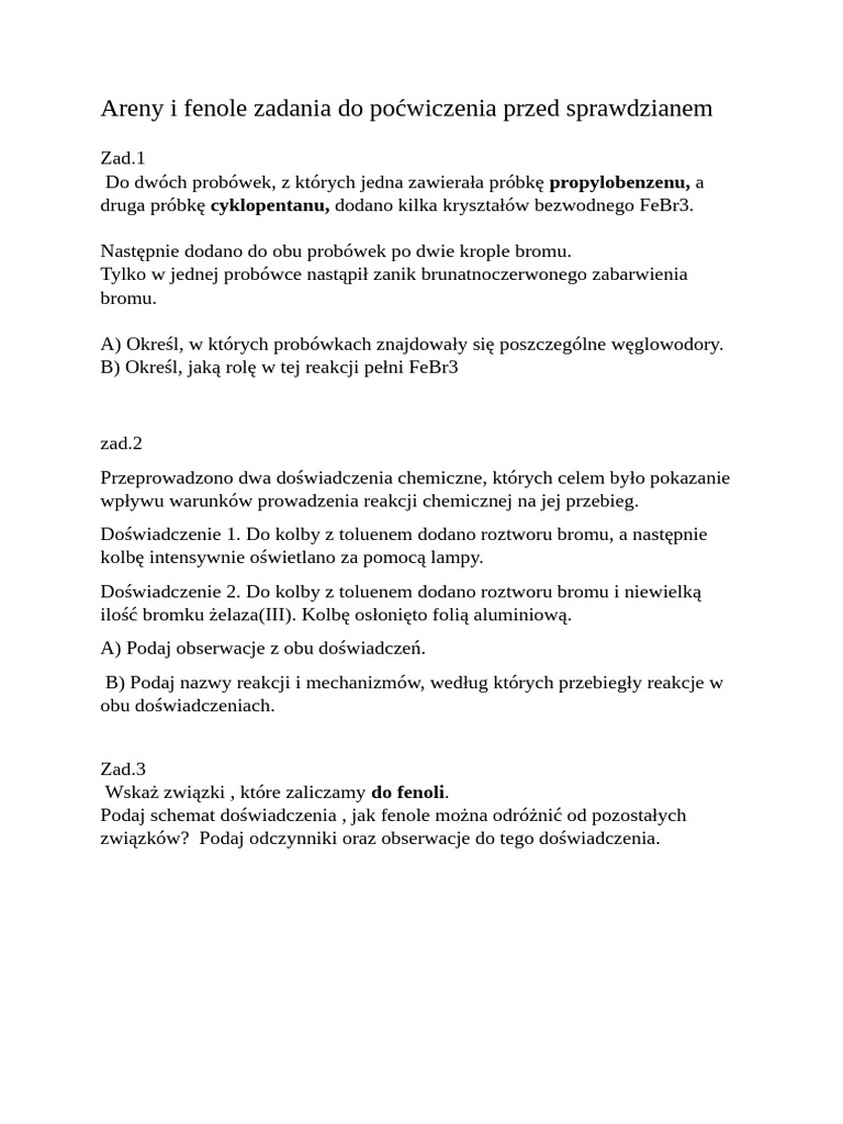 Areny i Fenole Zadania Do Poćwiczenia Przed Sprawdzianem | PDF