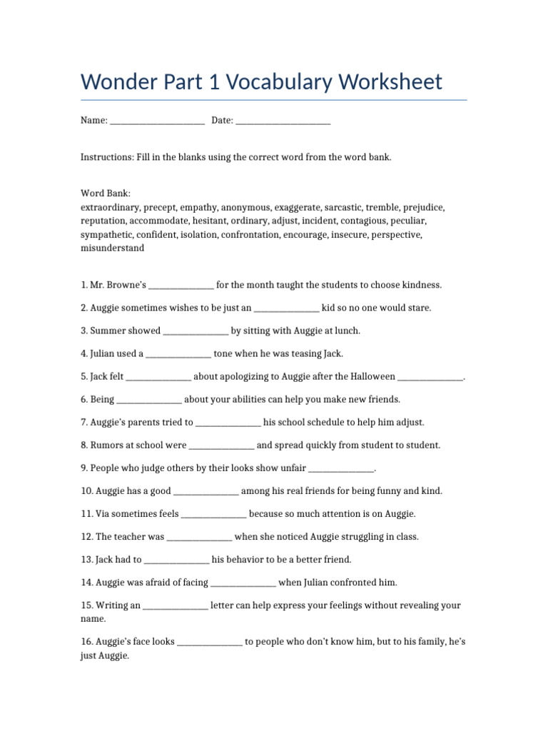 Wonder Vocab Worksheet | PDF