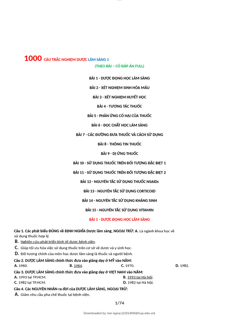 123doc 1000 Cau Trac Nghiem Duoc Lam Sang 1 Theo Bai Co Dap an Full | PDF