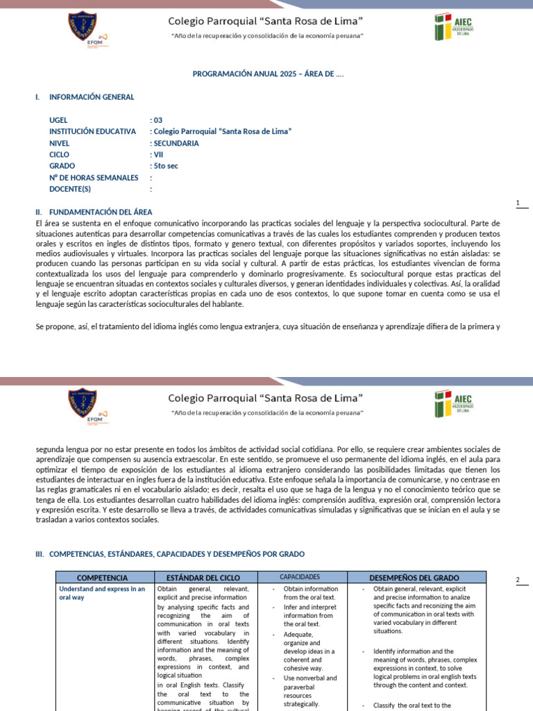 FORMATO_PROGRAMACION_ANUAL_2025 - 5to secundaria_new | PDF | Reading Comprehension | Nonverbal ...