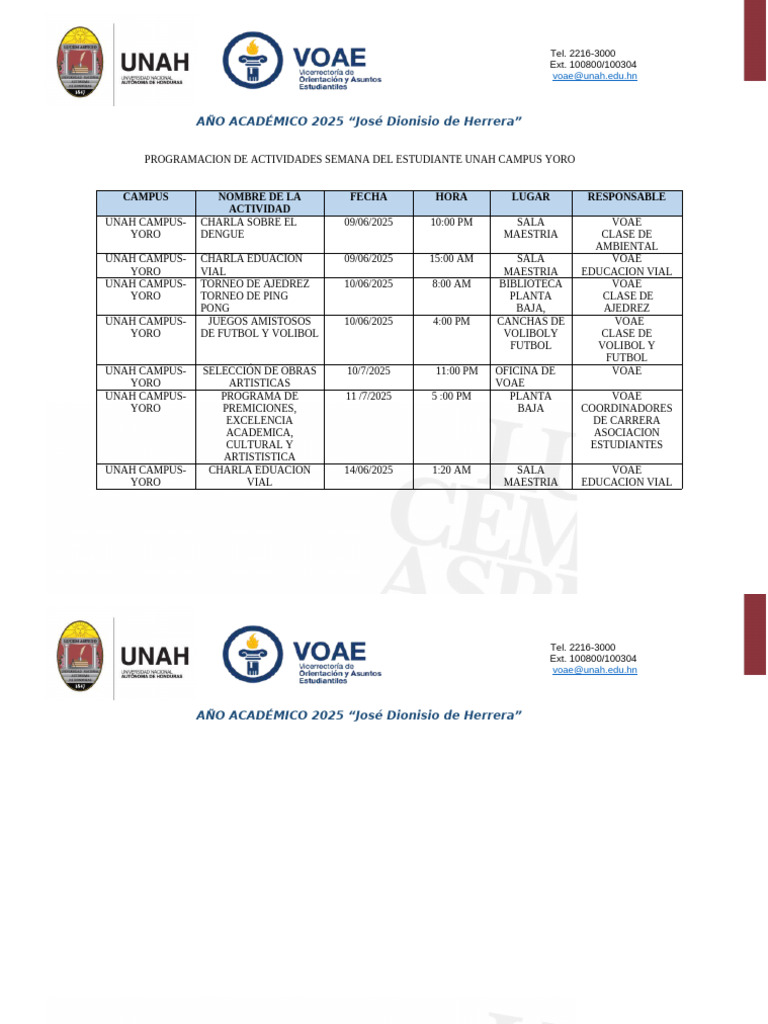 Agenda - Deactividades Semana - Estudiante Unah Campus Yoro - 2025 | PDF